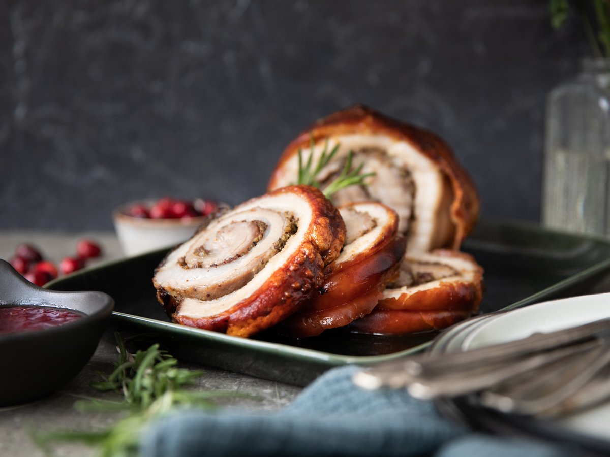 Crispy rolled pork belly with cranberries and herbs | Recipe | Kitchen ...