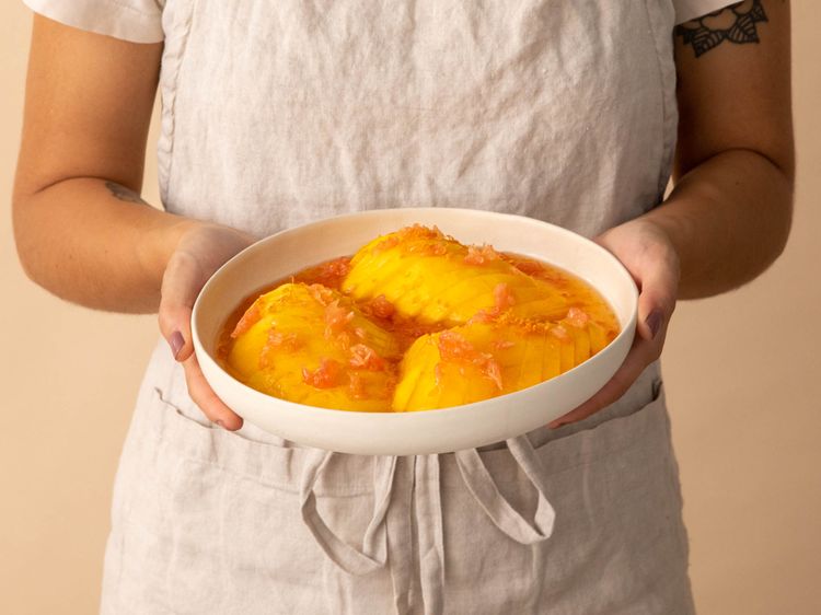 3-ingredient mango cheeks in grapefruit syrup | Recipe | Kitchen Stories
