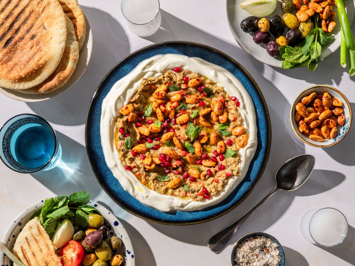 Smoky aubergine dip with labneh and harissa-spiced nuts | Recipe ...