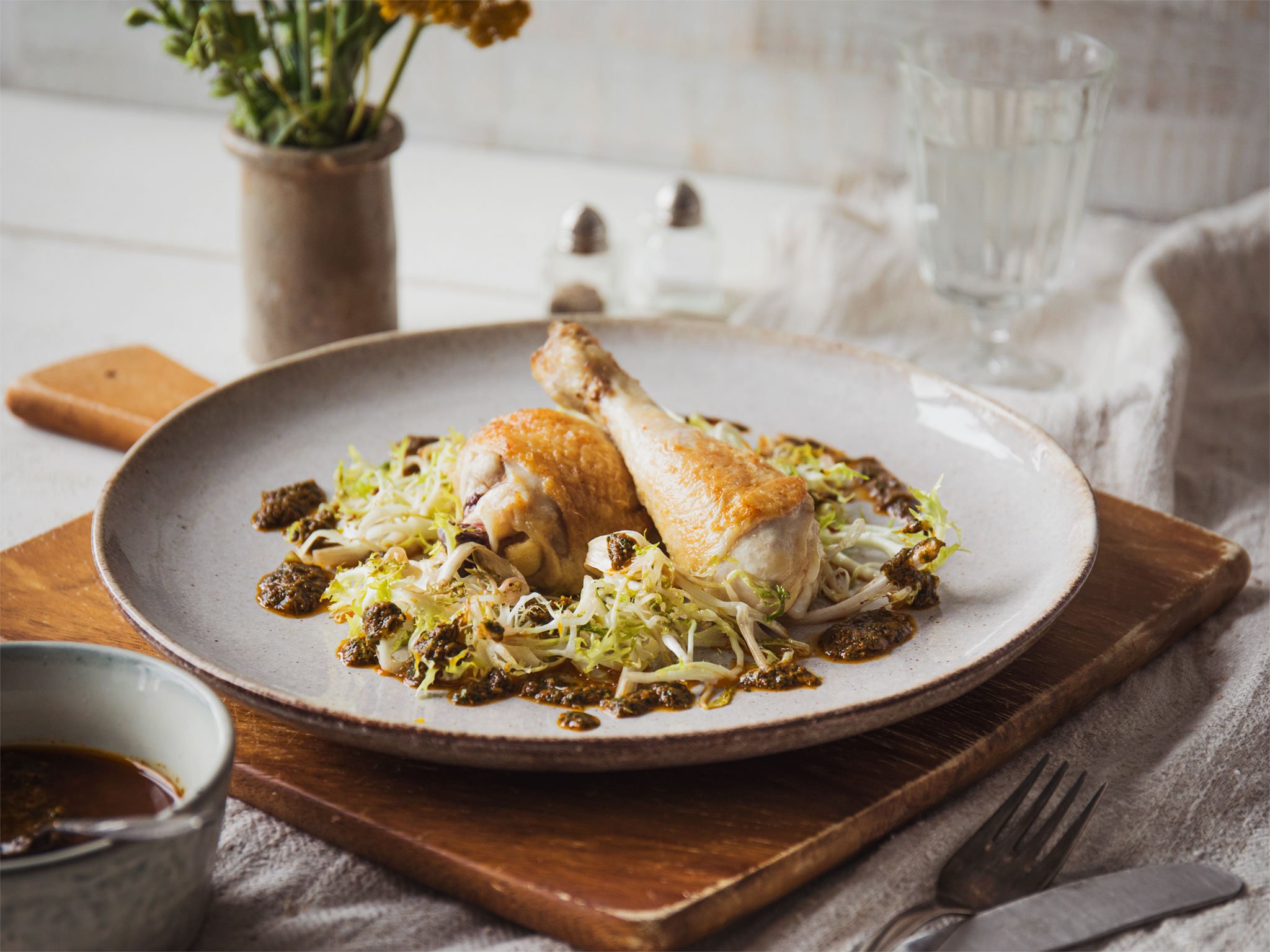 Crispy chicken with Moroccan-style sauce and frisée | Recipe | Kitchen ...