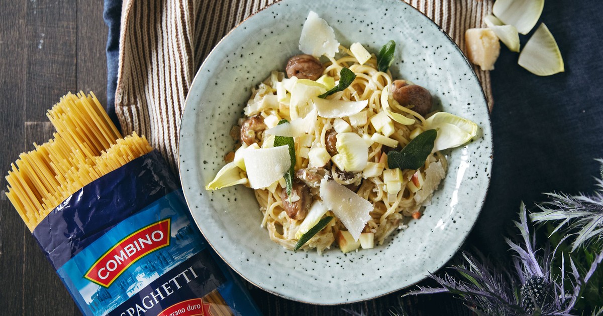 Creamy winter spaghetti with chestnuts, endive, and apple | Recipe ...