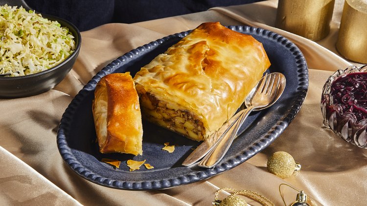 Savory potato and hazelnut strudel with braised cabbage and red wine ...