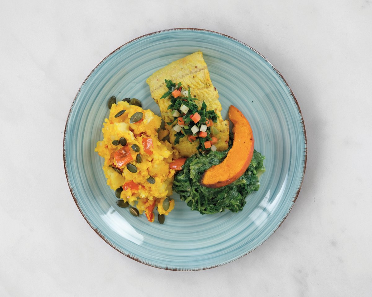 Welsfilet mit Kürbis und Kokosspinat | Rezept | Kitchen Stories