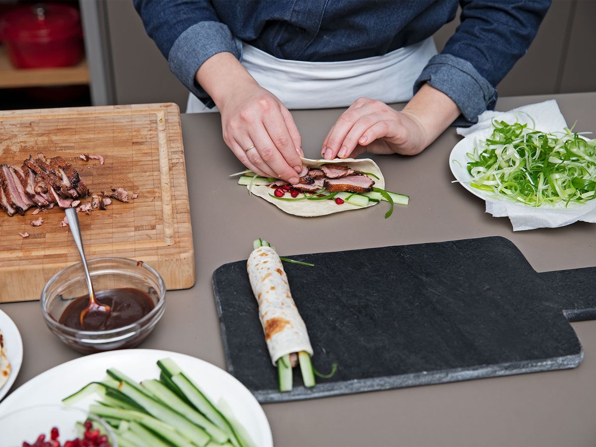 Duck pancakes with cucumber, pomegranate, and hoisin sauce | Recipe ...