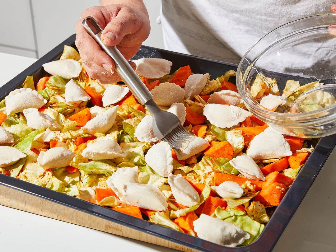 Easy sheet pan pierogi with vegetables and dill dip | Recipe | Kitchen ...